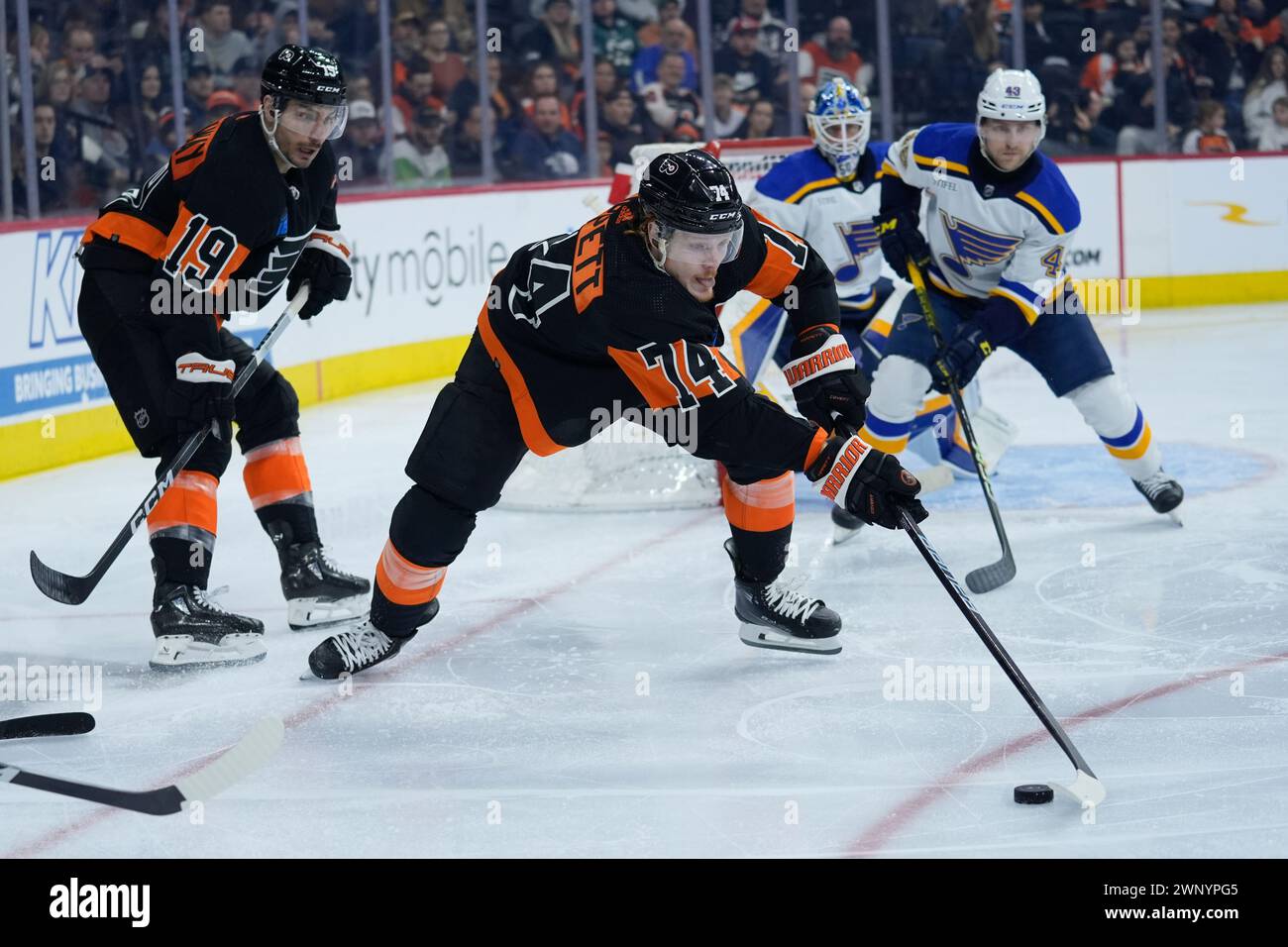Philadelphia Flyers' Owen Tippett (74) looks to pass the puck during ...