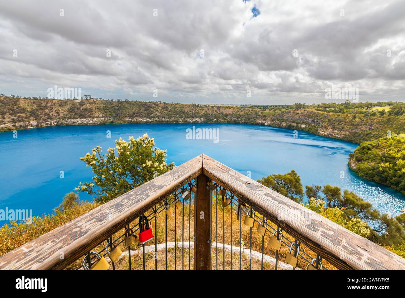 Blue Lake lookout balcony with love locks in Mount Gambier with the ...