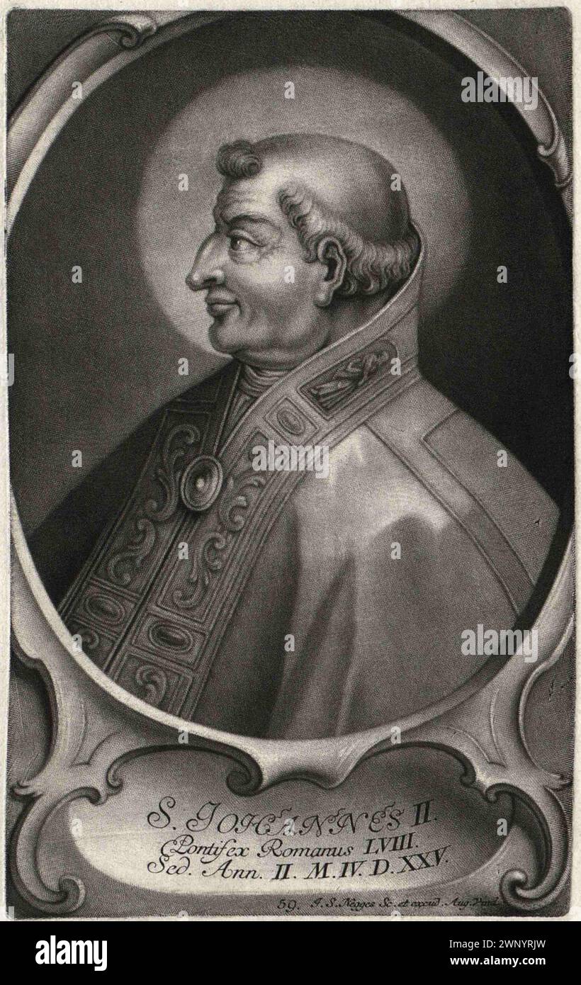 A 16th Century engraving of Pope John II (also known as Johannes II or ...