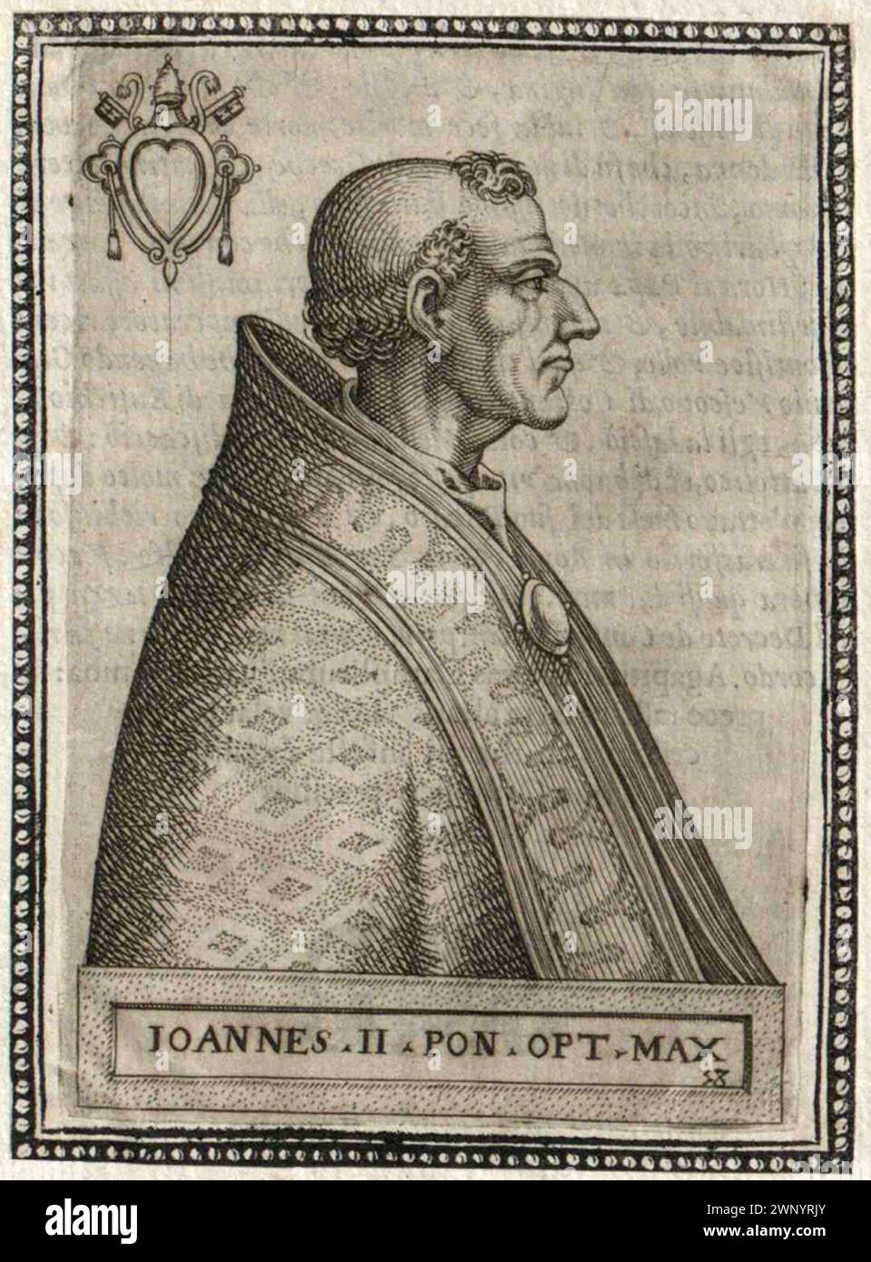 A 16th Century engraving of Pope John II (also known as Johannes II or Ioannes II )who was ...
