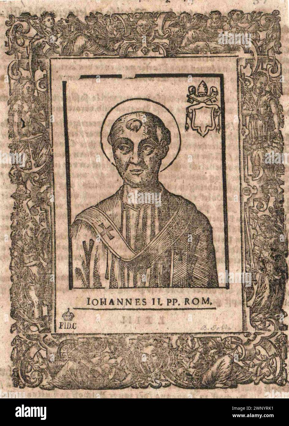 A 16th Century engraving of Pope John II (also known as Johannes II or ...