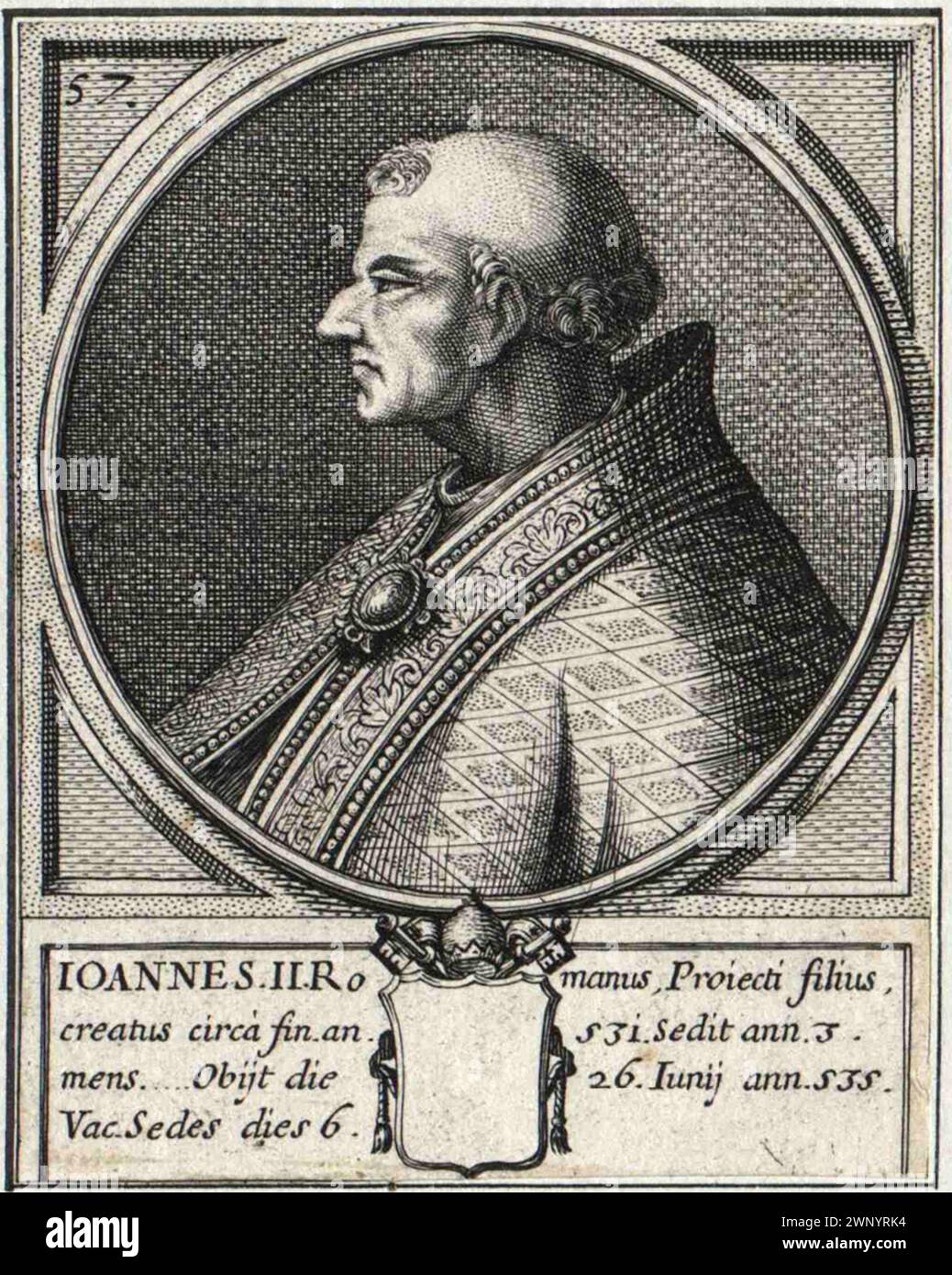 A 16th Century engraving of Pope John II (also known as Johannes II or ...