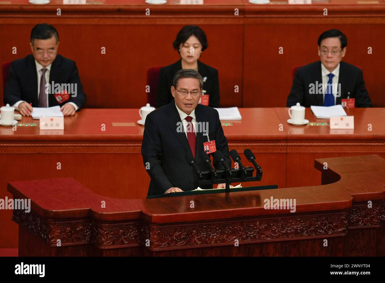 Chinese Premier Li Qiang, center, speaks during the opening session of ...