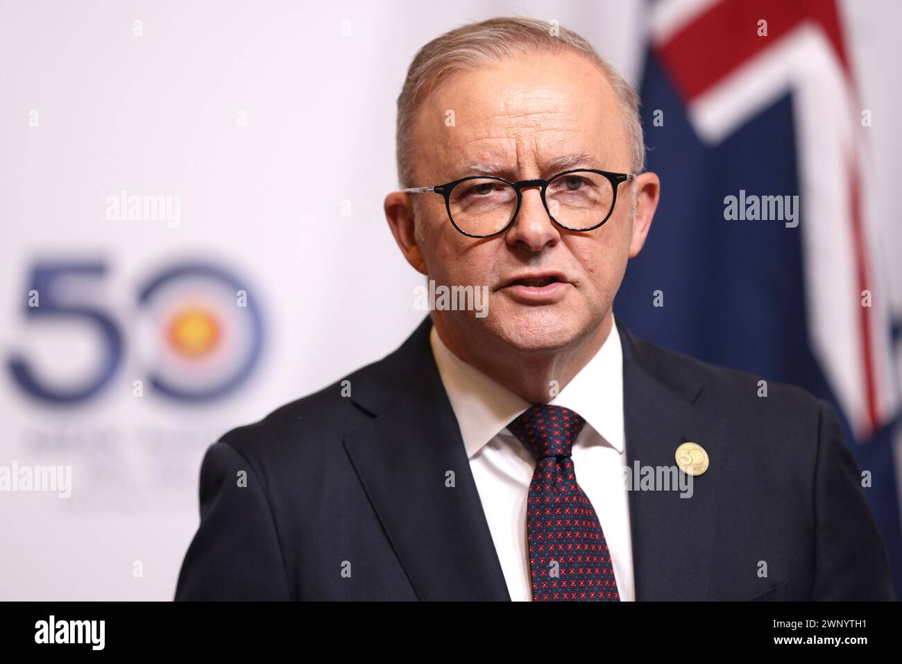 Australian Prime Minister Anthony Albanese reacts during a press ...