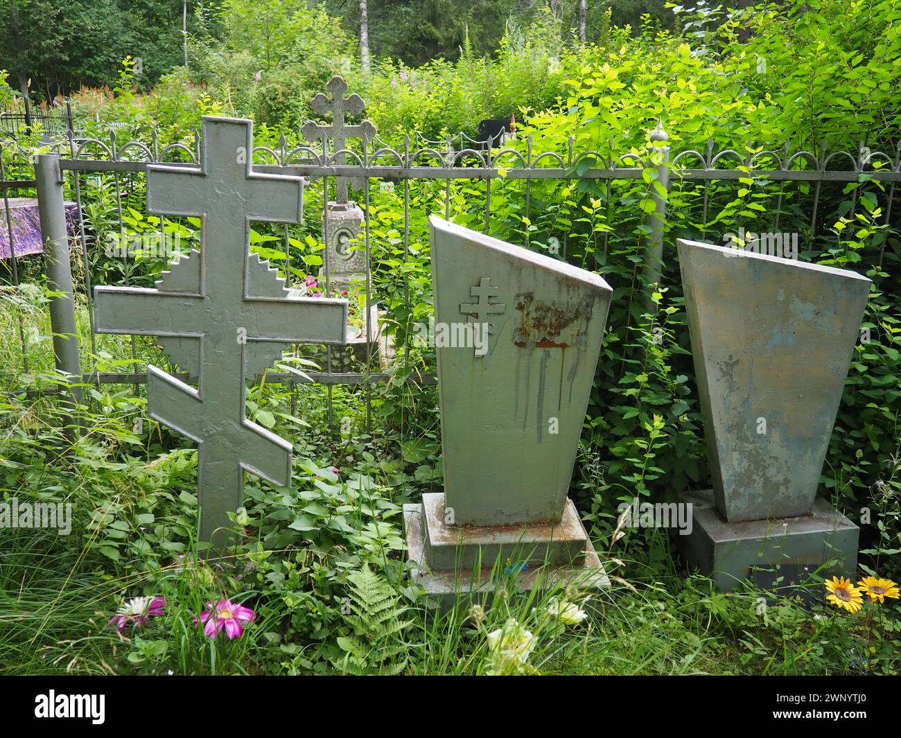 Cemetery with stone monuments. Old abandoned cemetery in the afternoon ...