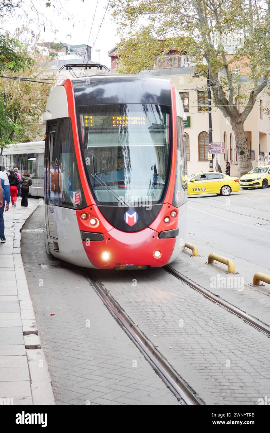 turkey istanbul 1 june 2023. T1 tram at Eminonu with people crossing ...