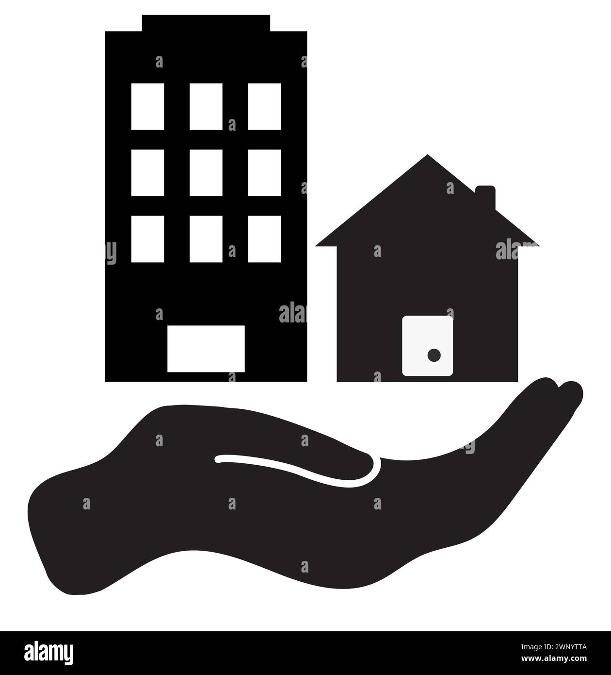 Property in hand icon. Buildings in hand sign. Property symbol. flat ...
