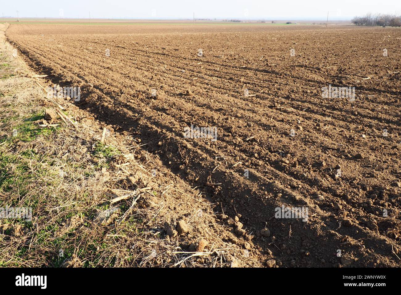 Arable field ready for spring agricultural work. Furrows from the ...