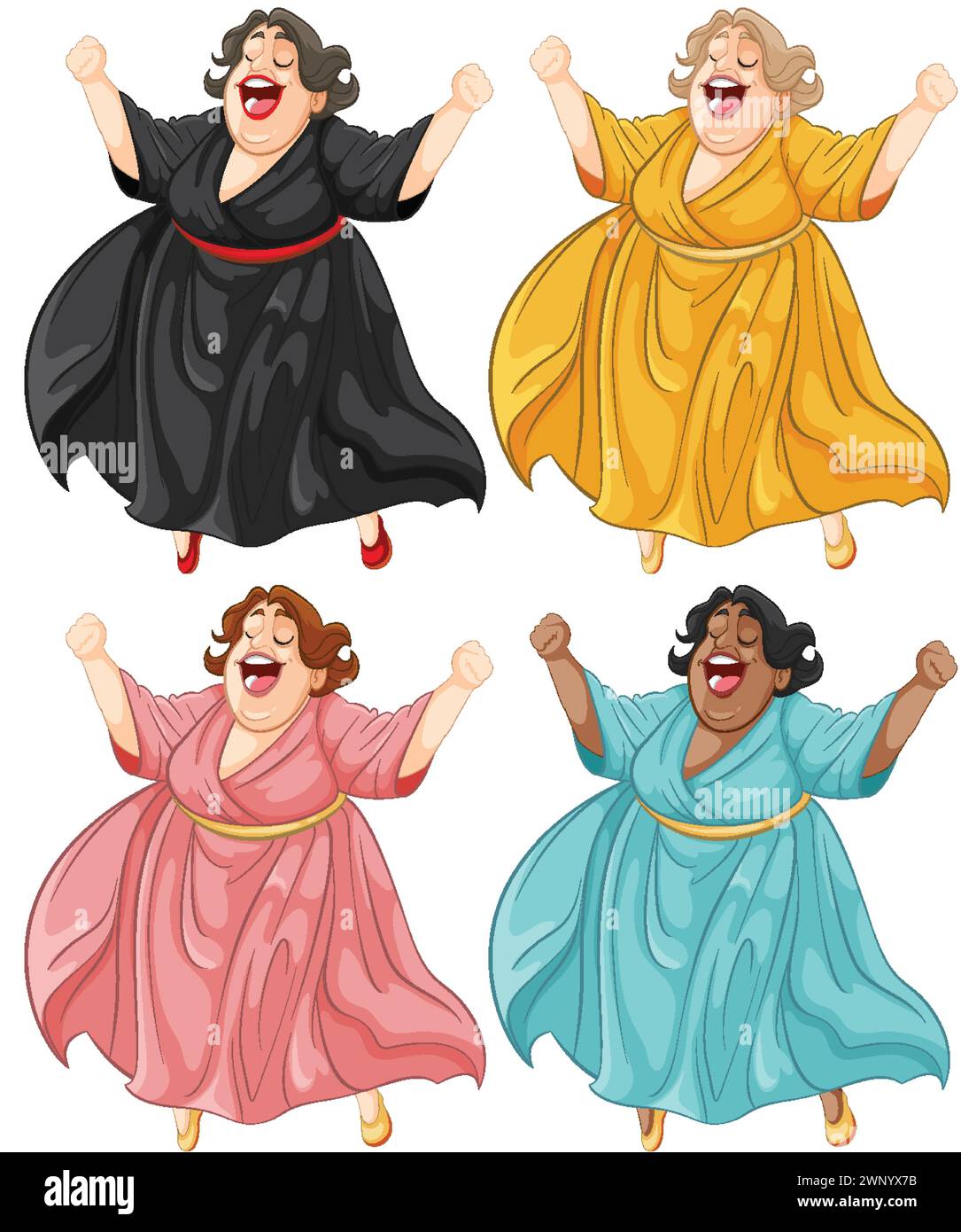 Four happy women dancing in colorful dresses Stock Vector Image & Art ...