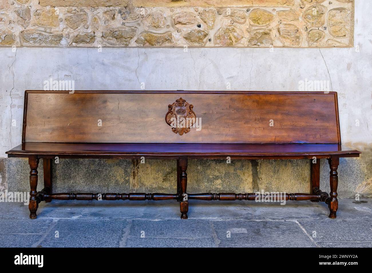 Ancient wood bench with carved symbol, SEGOVIA, SPAIN Stock Photo - Alamy