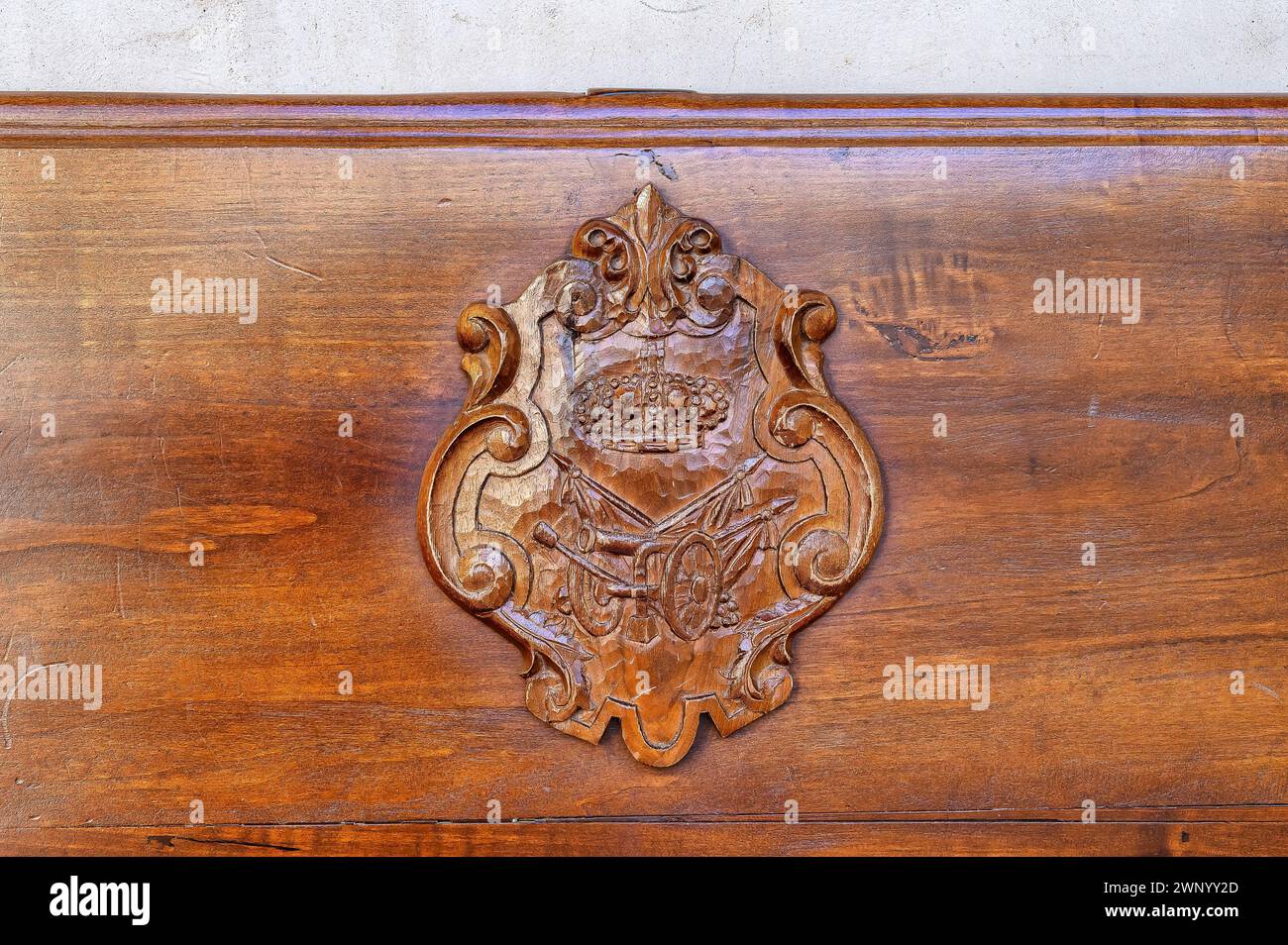 Ancient wood bench with carved symbol, SEGOVIA, SPAIN Stock Photo - Alamy