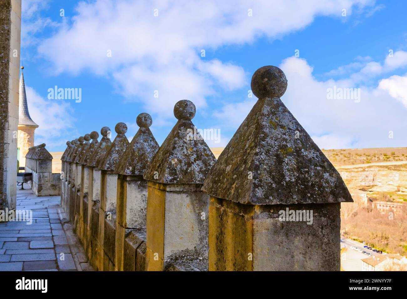 Fortified walls with merlons in the Alcazar of SEGOVIA, SPAIN Stock ...