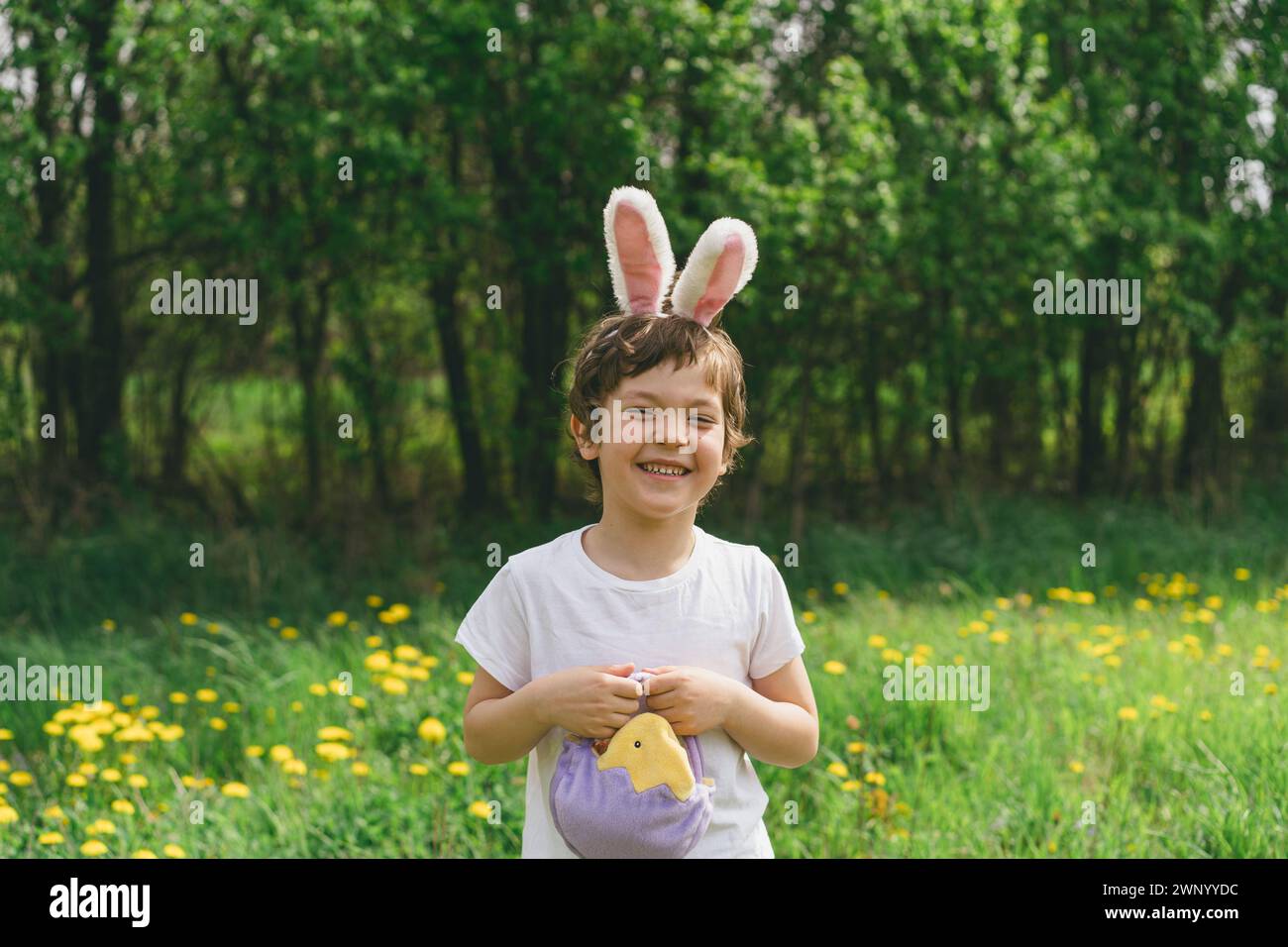 Boy with eggs basket and bunny ears on Easter egg hunt in sunny spring ...