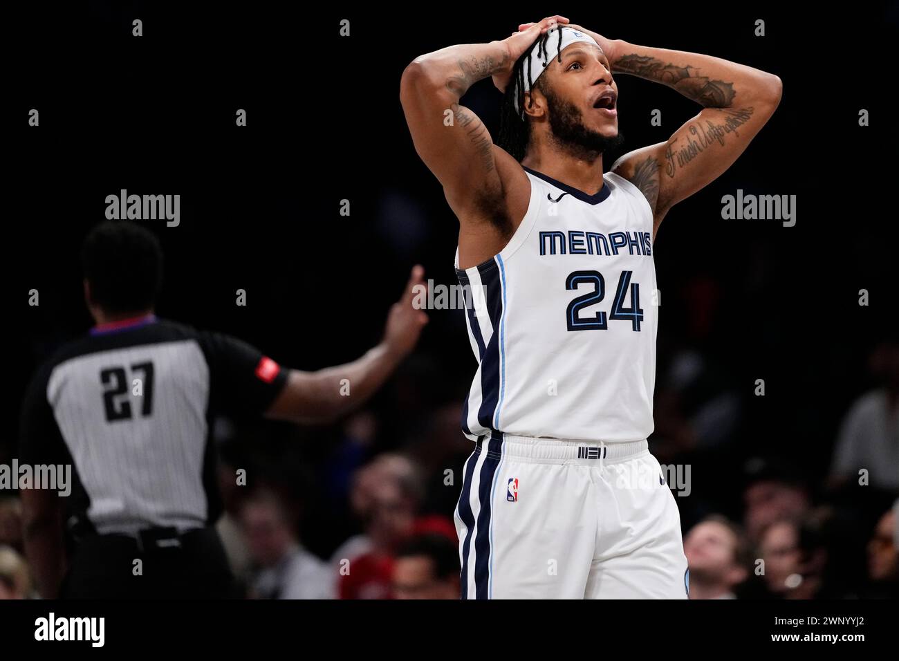 Memphis Grizzlies' Lamar Stevens (24) reacts after a call during the ...