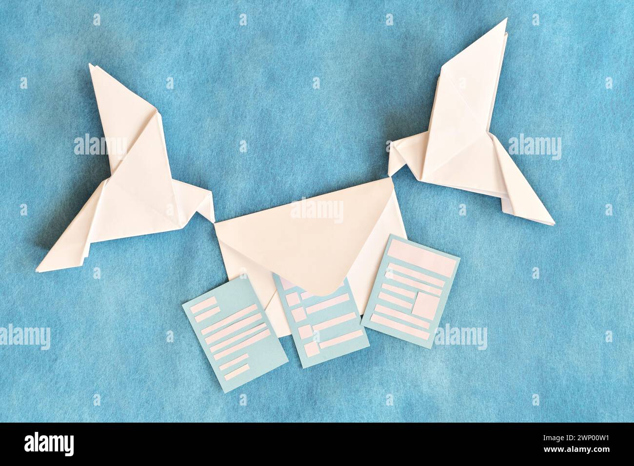 Two paper dove origami carrying letter envelope. Receiving email such ...