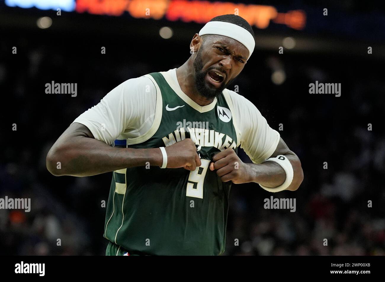 Milwaukee Bucks' Bobby Portis reacts during the second half of an NBA ...