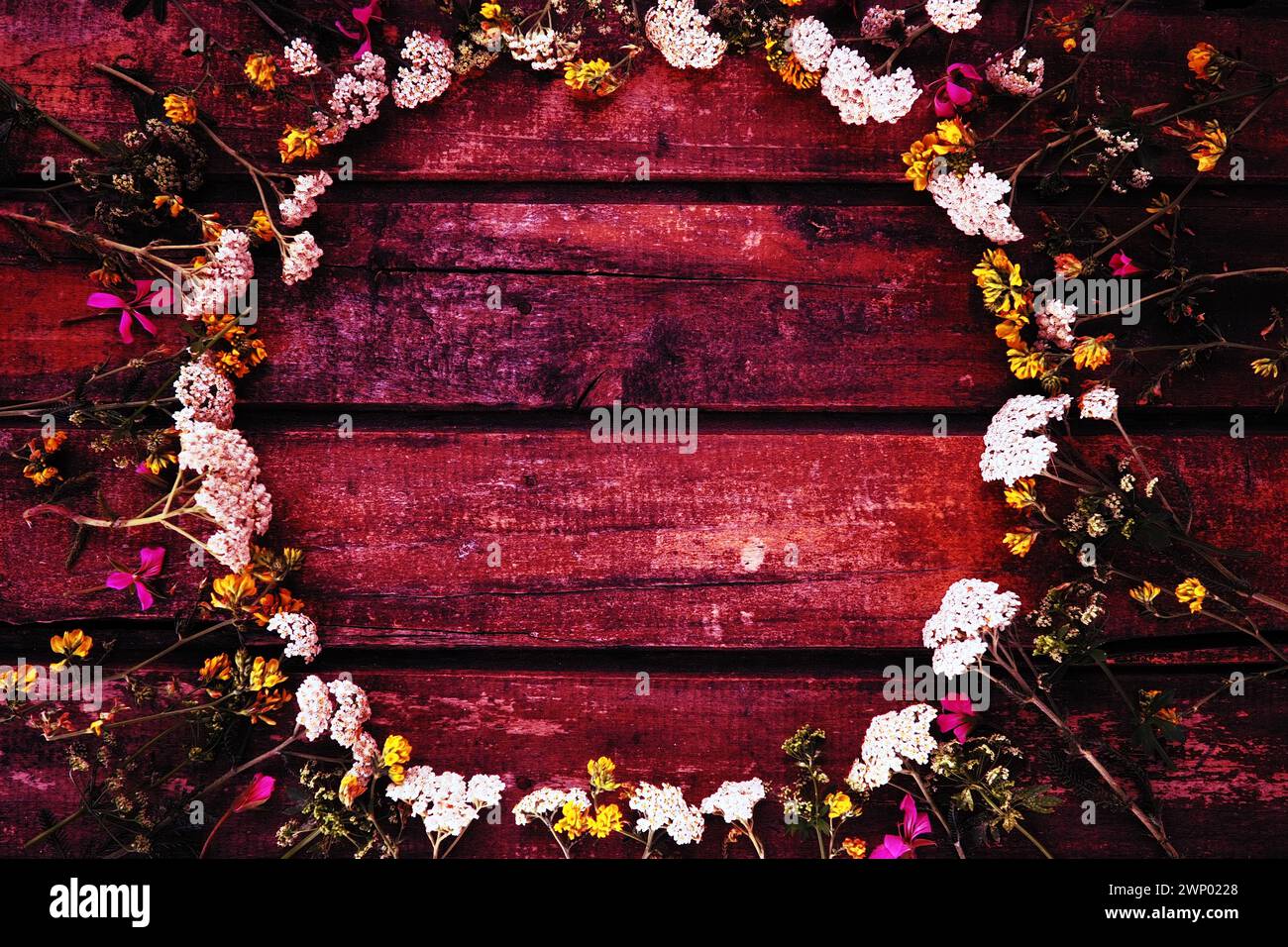 multicolored wildflowers are arranged in a circle on a wooden table ...