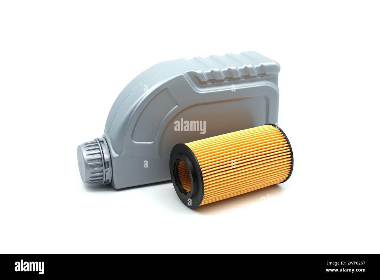 Car oil filters elements and motor oil can isolated on a white ...