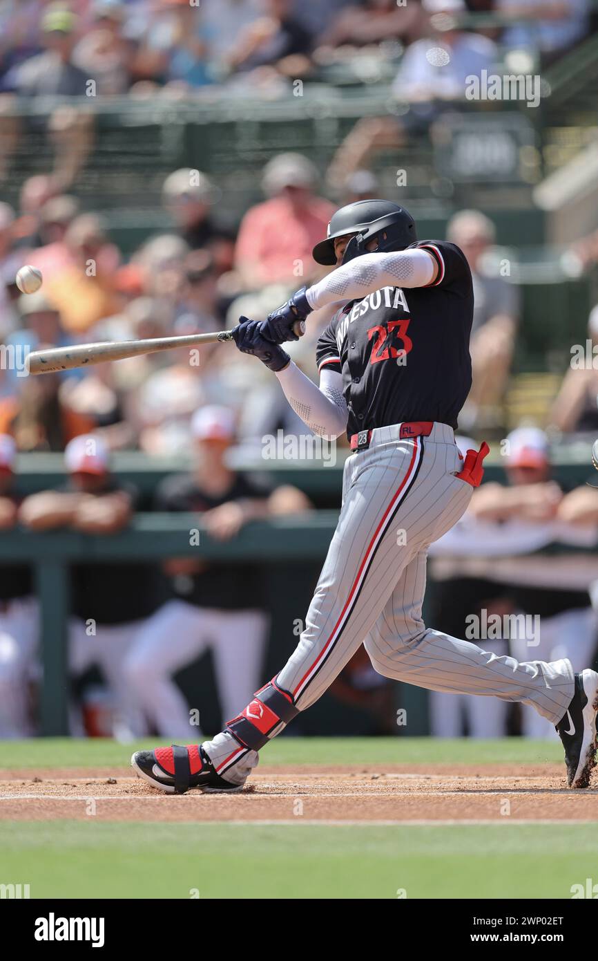 Sarasota FL USA; Minnesota Twins third baseman Royce Lewis (23) doubles ...