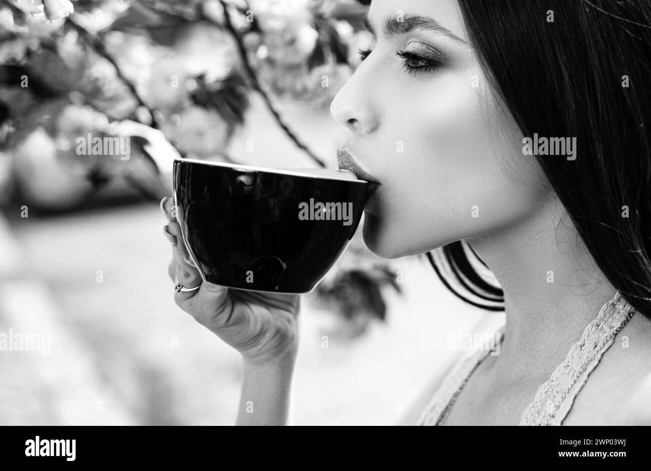 Coffee time. Woman drinking coffe outside. Morning routine. Cappuccino ...