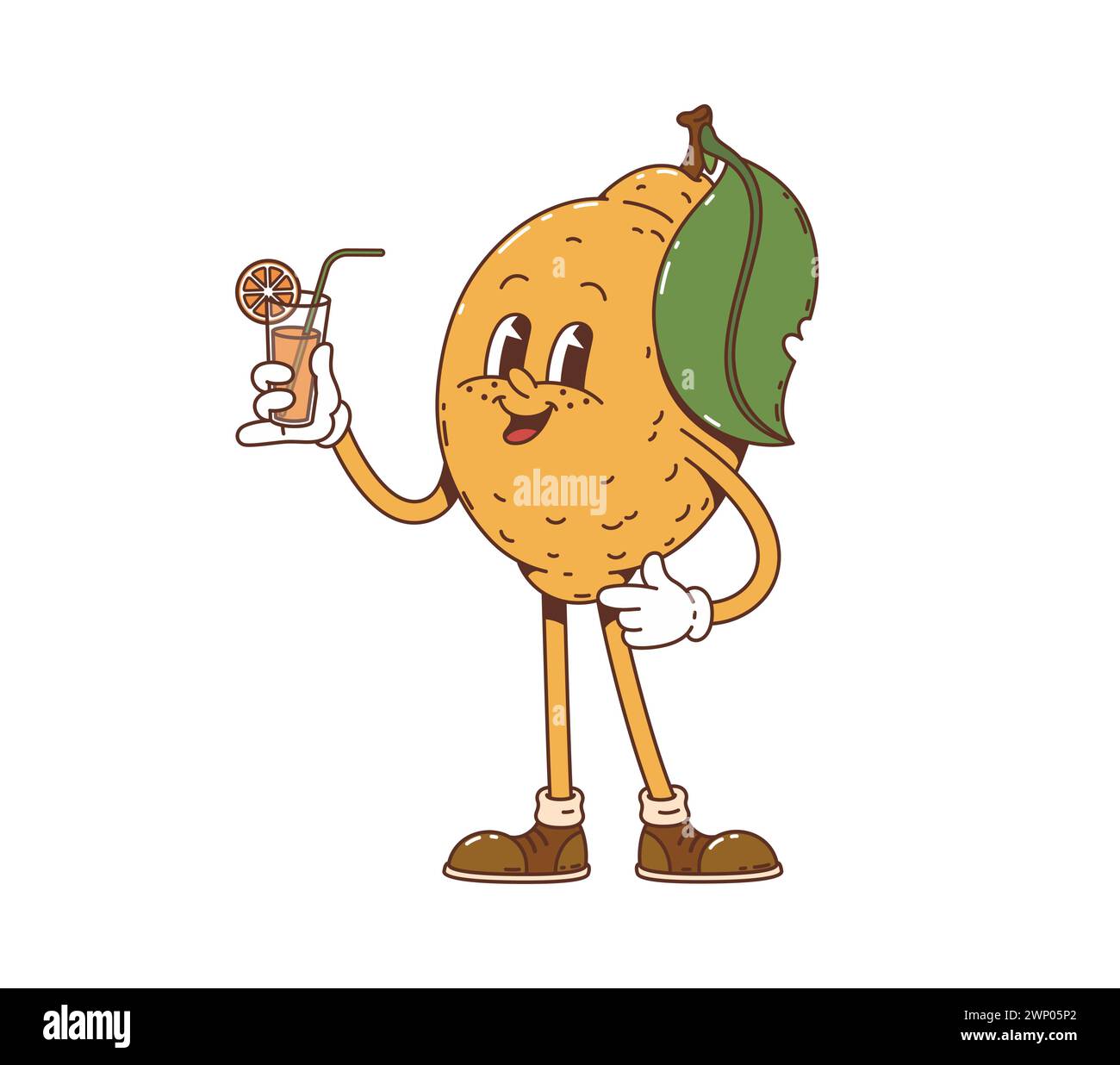 Cartoon lemon fruit groovy character holds cocktail glass. Isolated ...