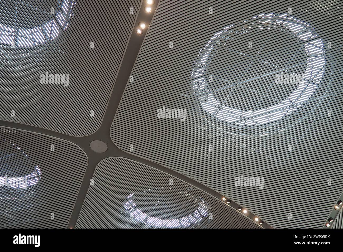 Istanbul airport ceiling with rounded abstract lamps, elegance ...