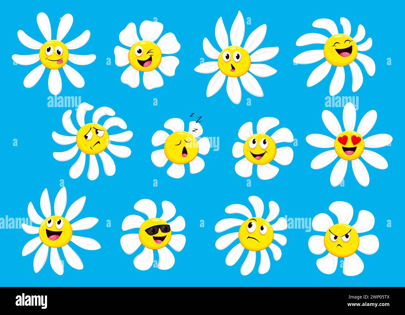 Cartoon chamomile or daisy flower characters with face emotions, vector ...