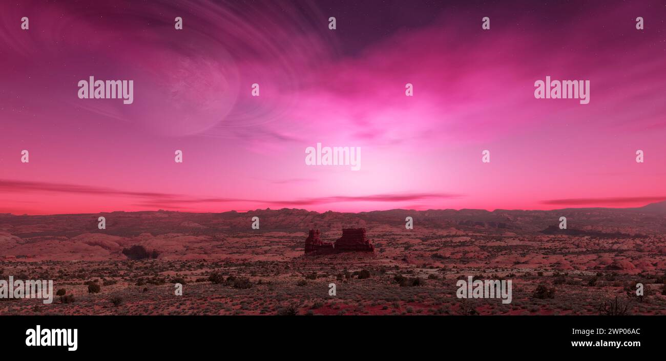 Sci-fi Scene of Alien Planet Rocky Terrain with Background planet. 3d ...