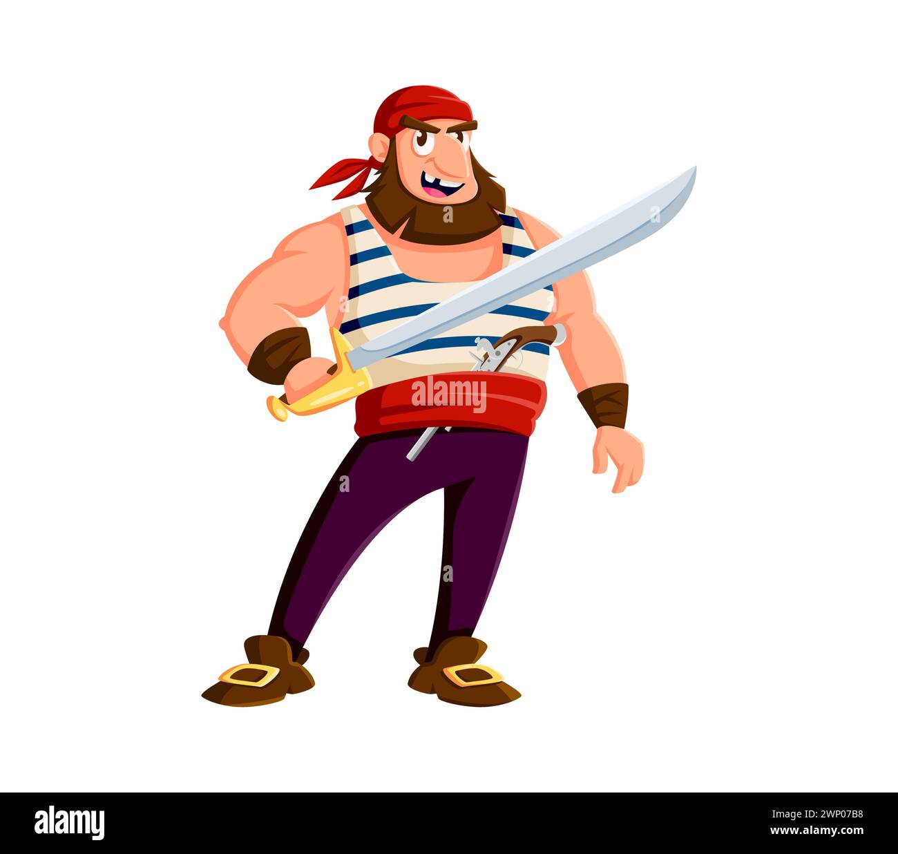 Cartoon pirate and corsair character with sabre. Isolated vector bearded sailor personage with ...