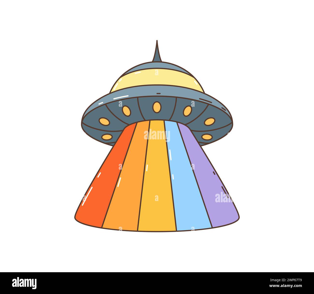 Groovy retro cartoon hippie flying UFO saucer with rainbow beams ...