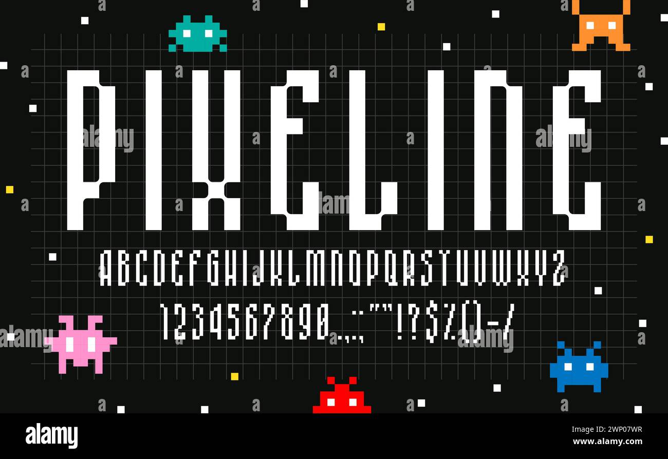 Modern pixel font, binary type, digital typeface, 8bit geometric alphabet. Vector retro video ...