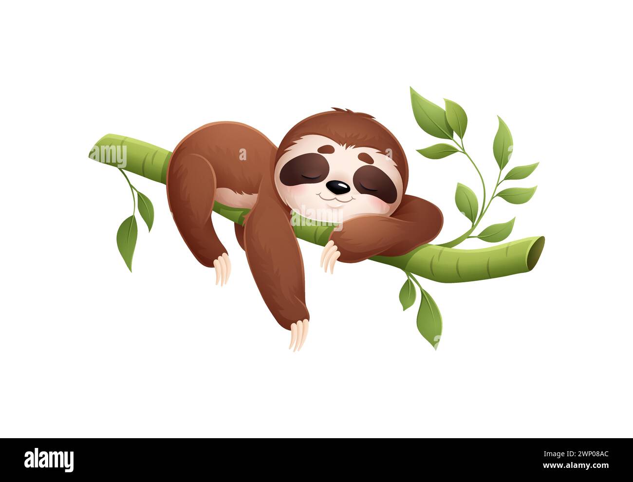 Cartoon cute lazy sloth animal character sleeping on tree branch ...