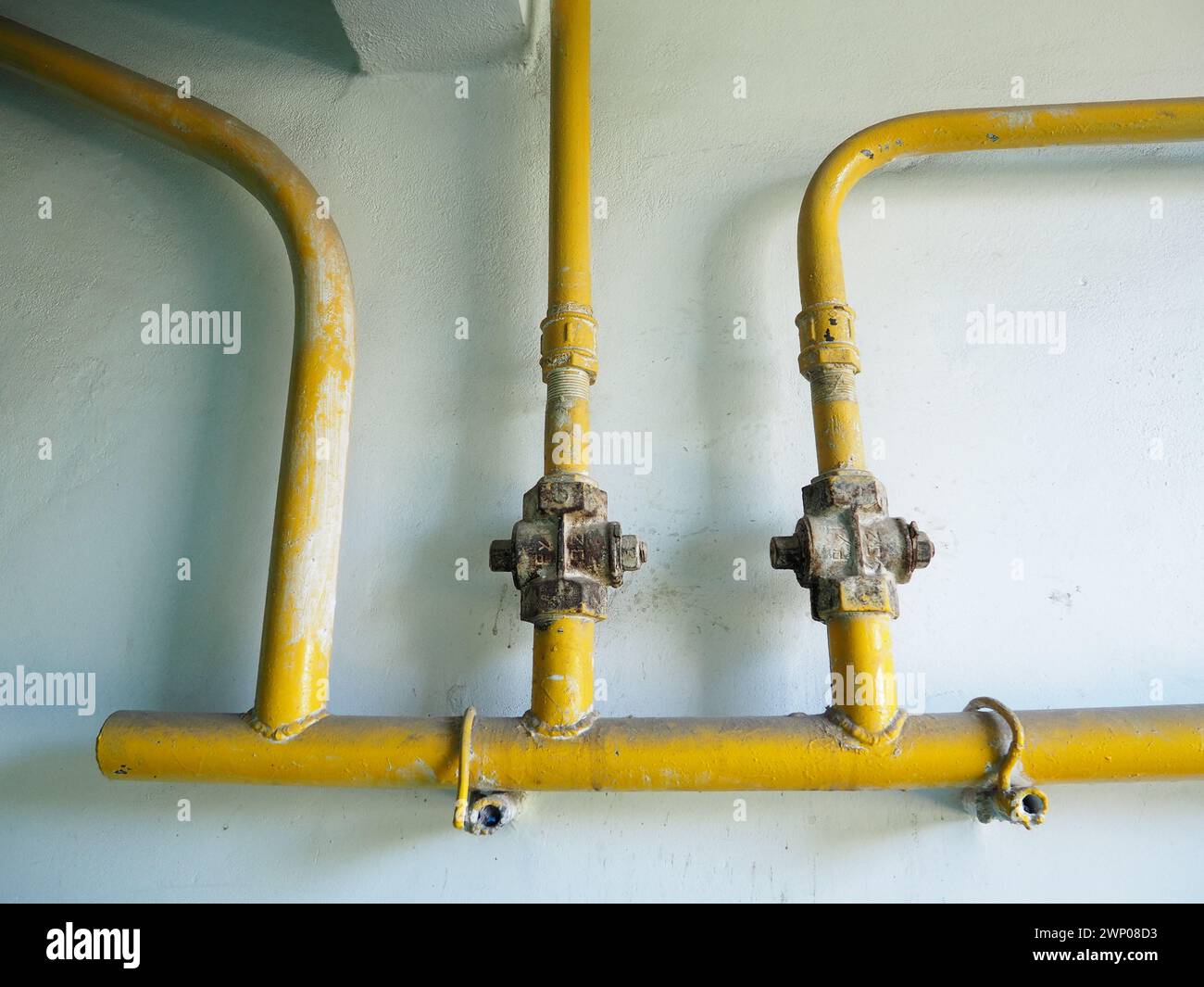 Petrozavodsk, Russia July 15, 2021. Gas pipes with valves on a white ...