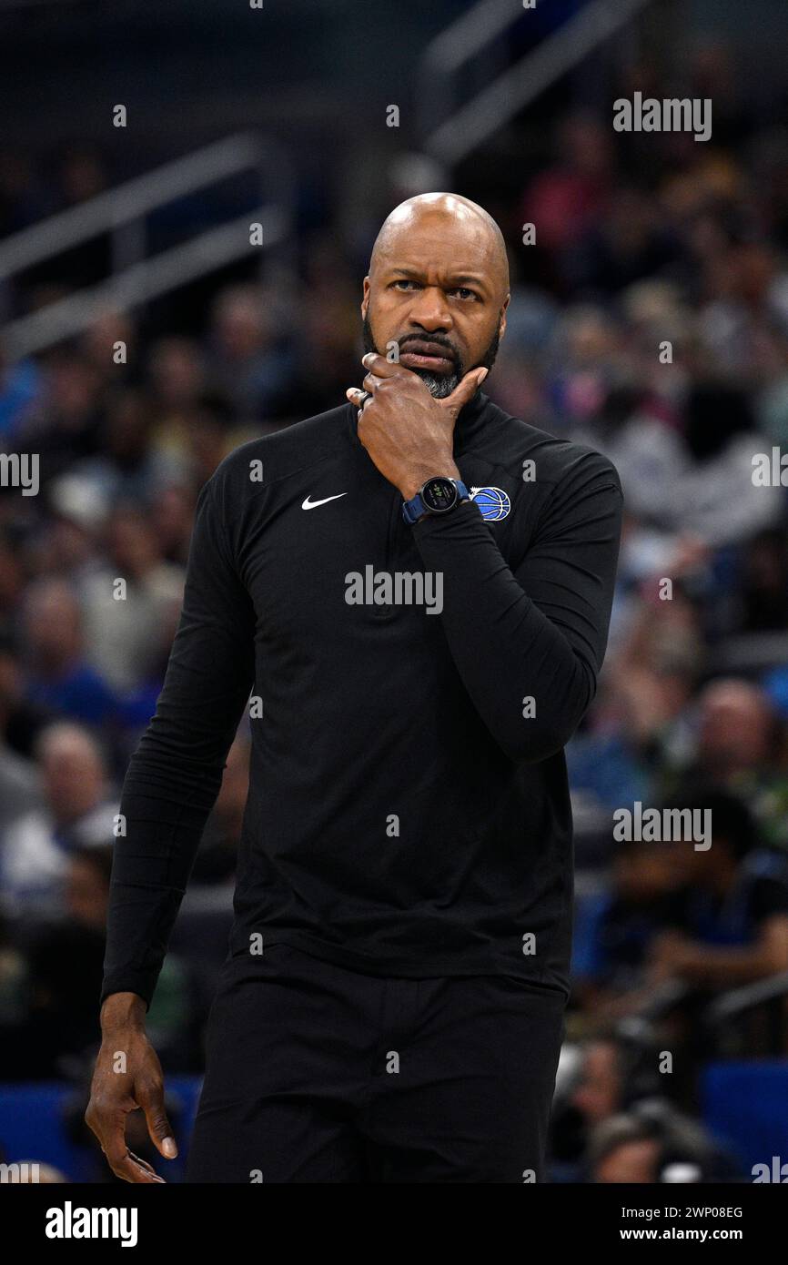 Orlando Magic head coach Jamahl Mosley walks onto the court during a ...