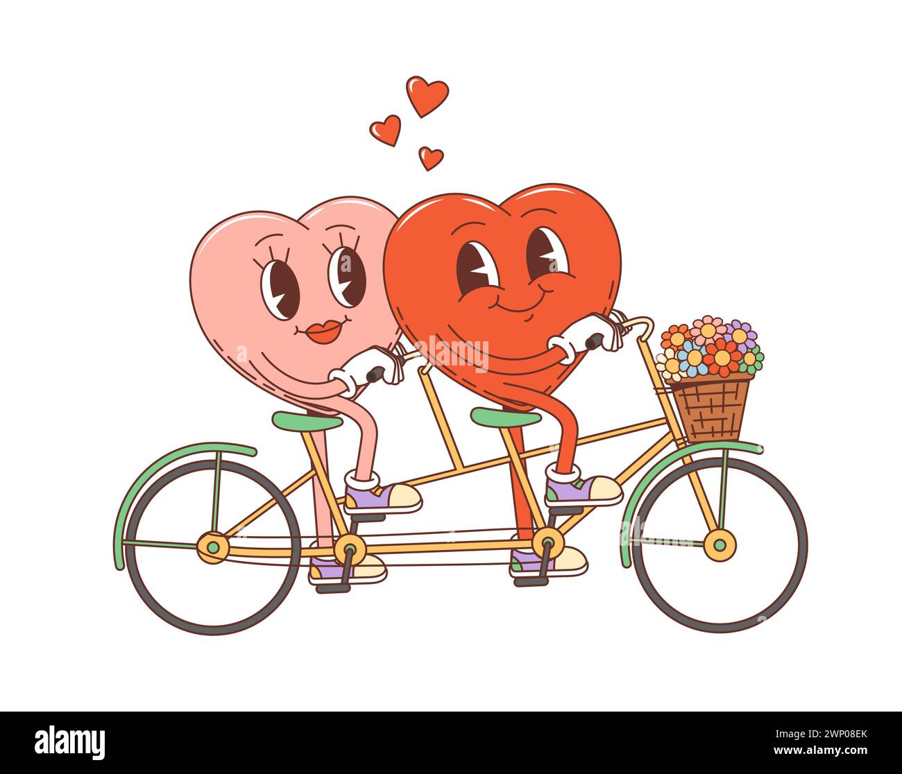Cartoon groovy Valentine heart couple characters on bicycle, vector retro 70s hippie art. Happy ...