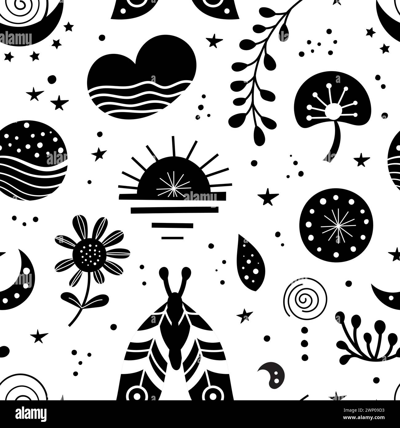 Seamless neo folk art vector pattern with butterfly, moth and flowers ...