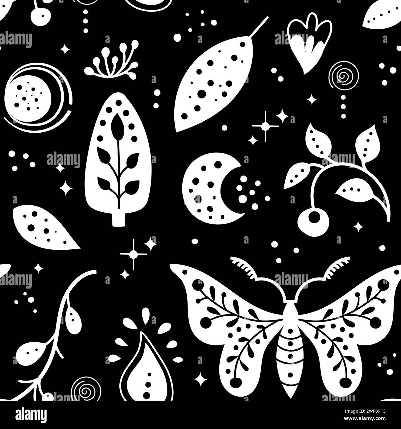 Seamless neo folk art vector pattern with butterfly, moth and flowers ...