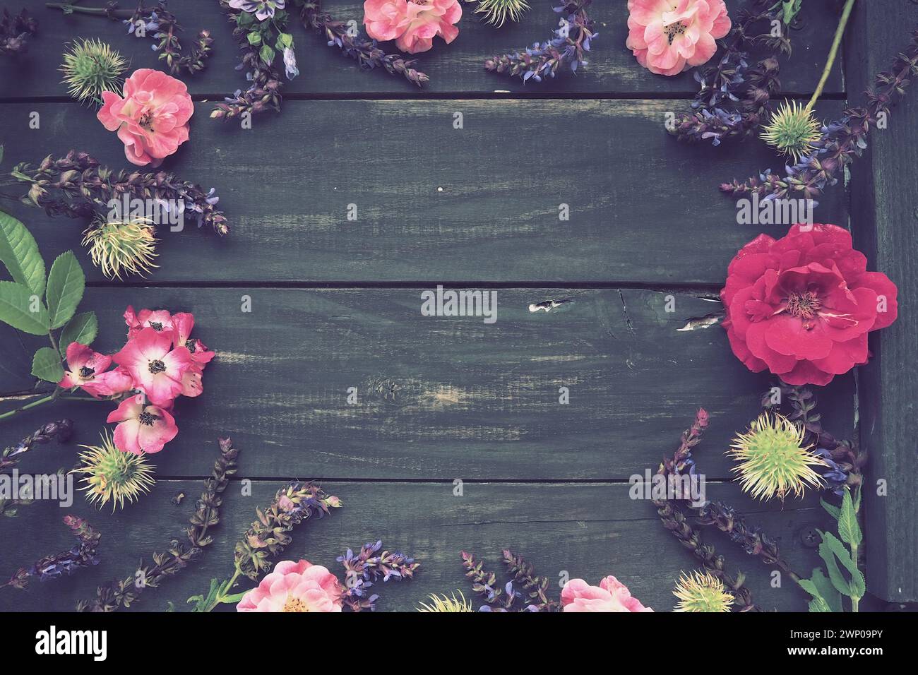Flowers in a circle on a wooden background. Postcard for the holiday ...