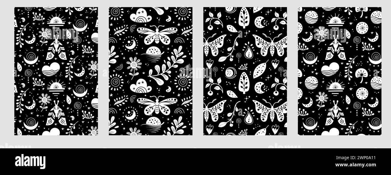 Seamless neo folk pattern with butterfly, moth and flowers, black and ...