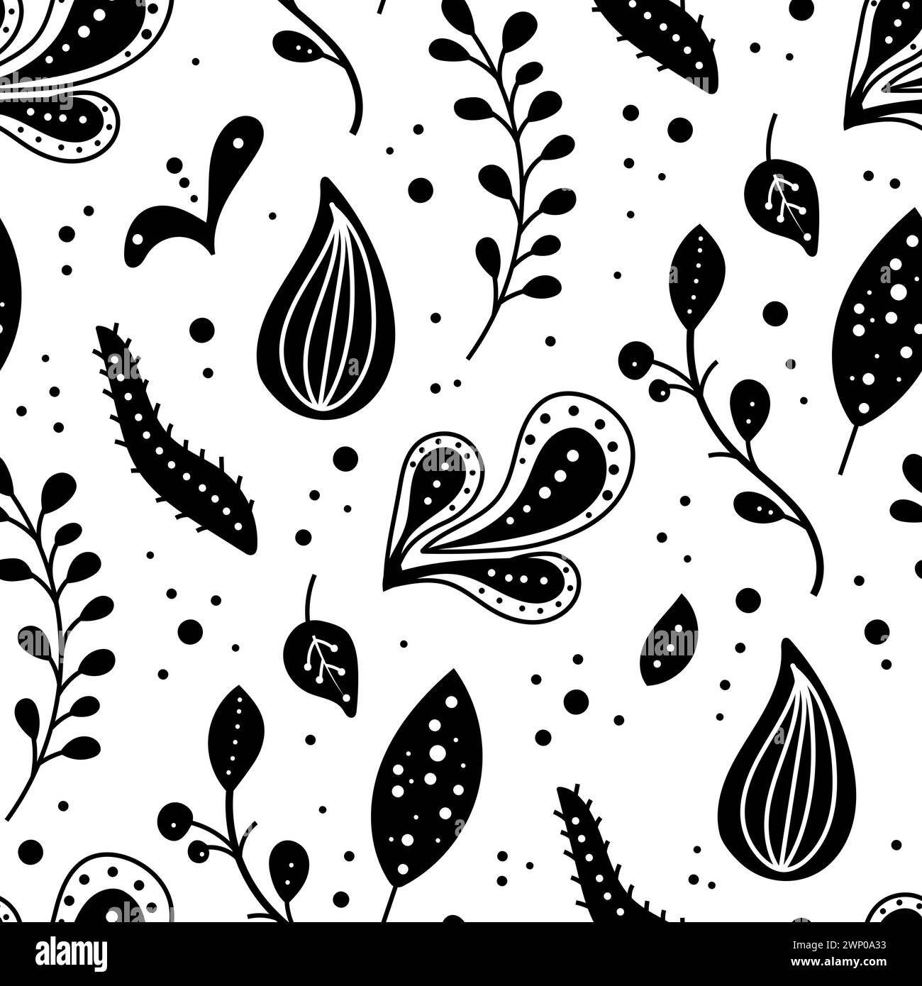 Seamless neo folk art vector pattern with flowers, black and white ...
