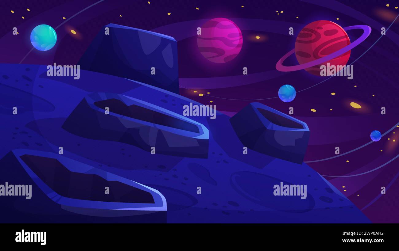 Alien planet surface with craters on background of deep cosmos sky with ...