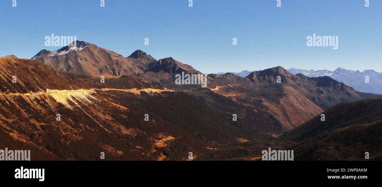panoramic view of beautiful himalaya mountains, remote countryside area ...