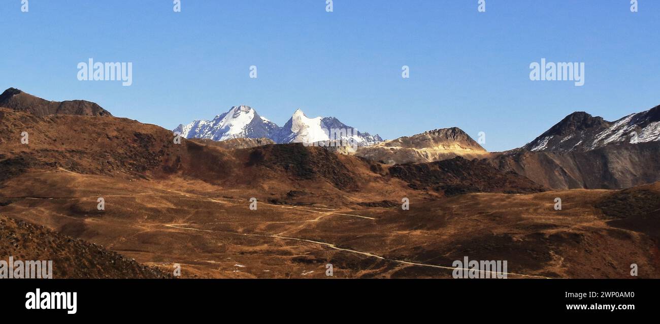 panoramic view of beautiful himalaya mountains, remote countryside area ...
