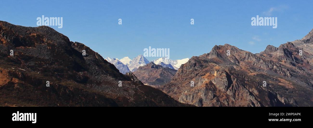 panoramic view of beautiful himalaya mountains, remote countryside area ...