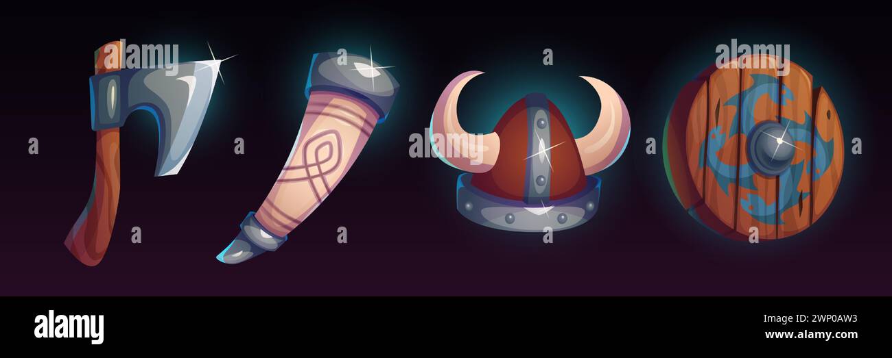 Viking tools and weapon game ui icons. Cartoon vector illustration set ...