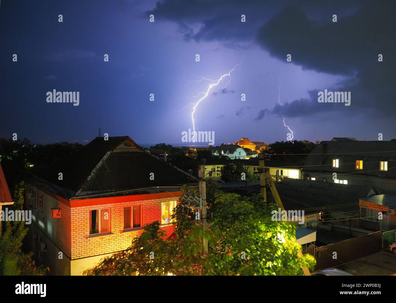 Anapa, Russia, August 13, 2021. Two lightning bolts against the ...