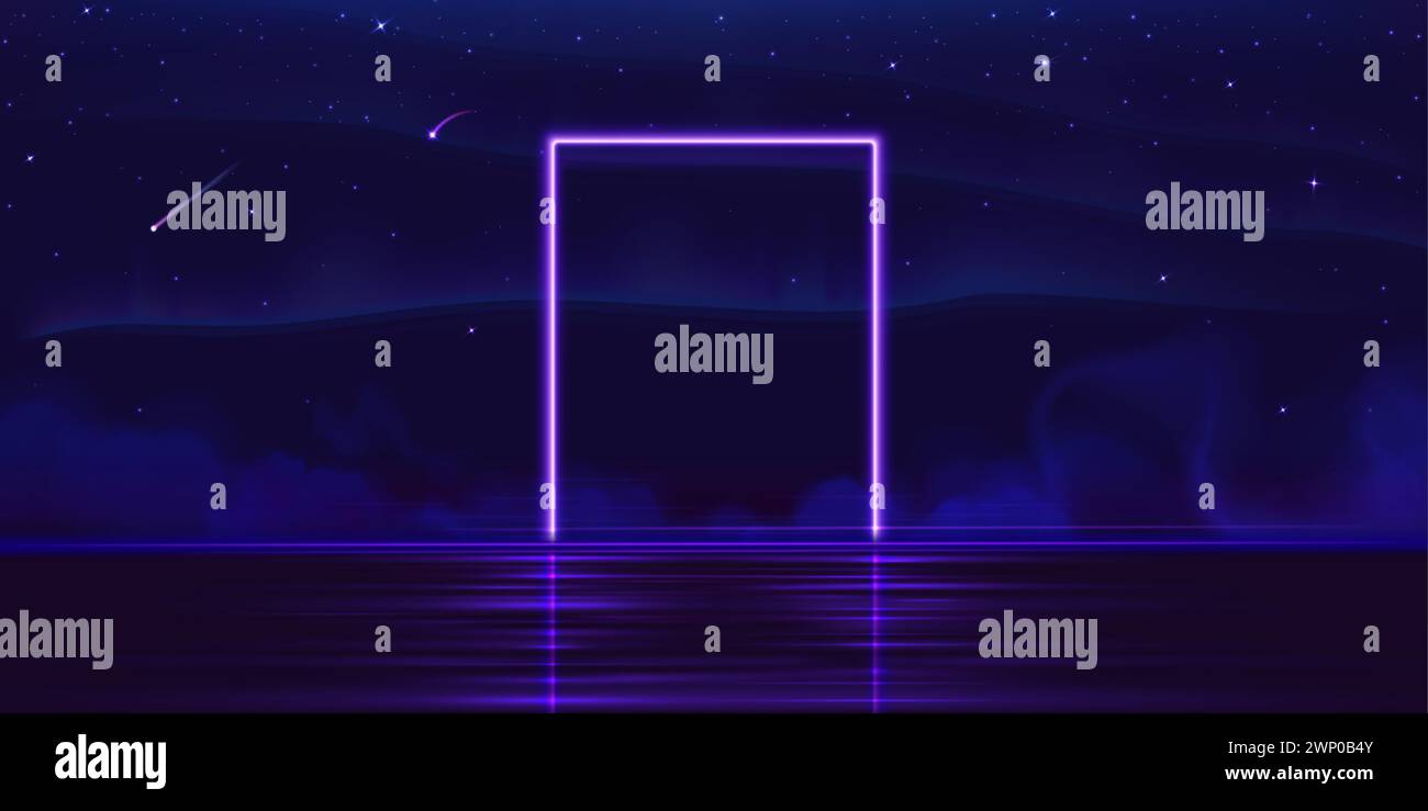 Purple neon rectangular door frame on water surface with smoke and ...