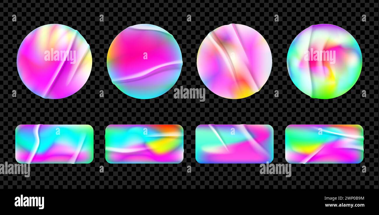 Iridescent holograph round and rectangle sticker with wrinkles ...