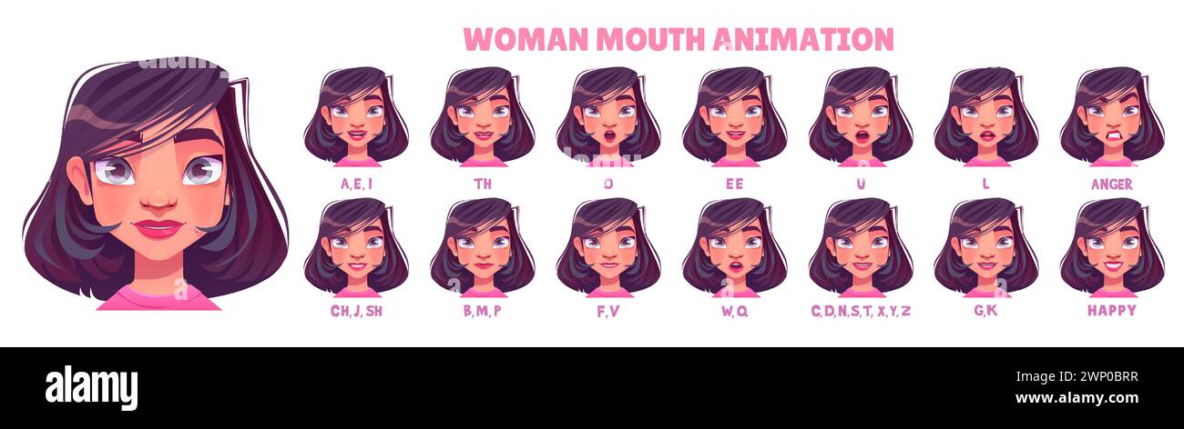 Woman mouth animation kit. Cartoon vector illustration set of young ...