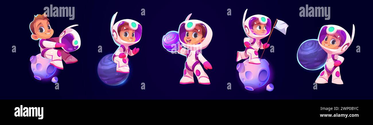 Set of astronaut kids isolated on black background. Vector cartoon ...